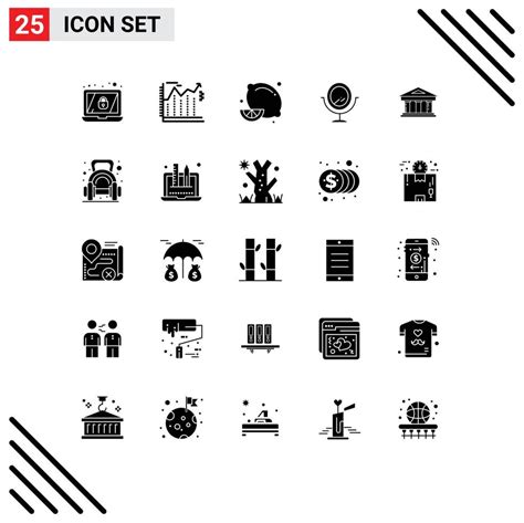 Set Of 25 Vector Solid Glyphs On Grid For Building Finance Diet Food Courthouse Fashion Editable