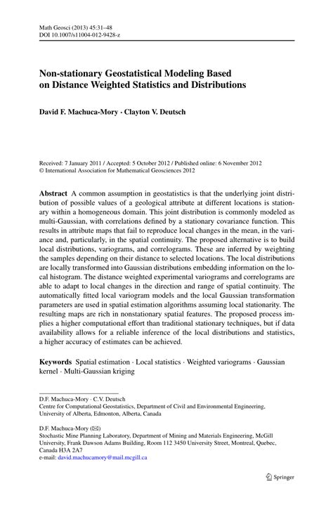 PDF Non Stationary Geostatistical Modeling Based On Distance Weighted Statistics And Distributions