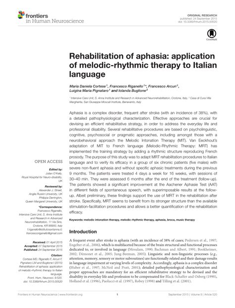 Pdf Rehabilitation Of Aphasia Application Of Melodic Rhythmic Therapy To Italian Language
