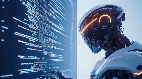 A Humanoid Robot Analyzes Complex Code On A Large Digital Screen In A