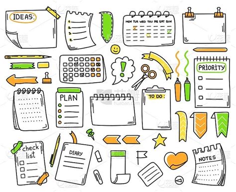 可爱的日记涂鸦，手绘笔记本日记元素。草图备忘录，纸表，待办事项清单，日历，日志涂鸦矢量集素材 花瓣网