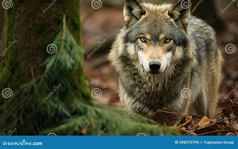 Cute Gray Wolf In Winter Forest Looking At Camera Generated By Ai