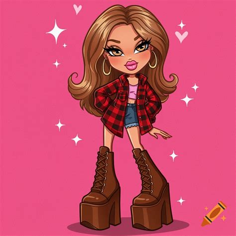 A Cartoon Bratz Doll With Long Brown Hair A Plaid Shirt Jean Shorts