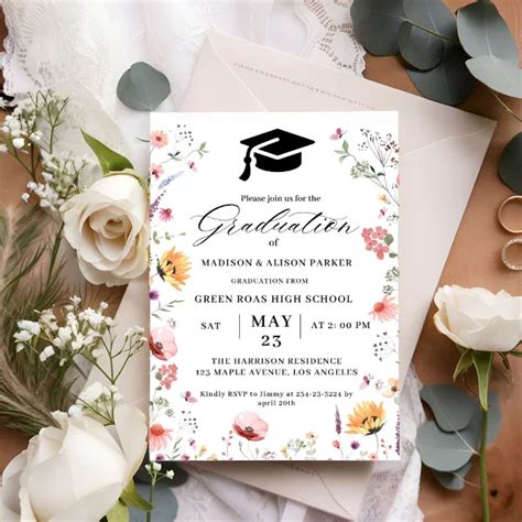 Stylish Wildflower Meadow Garden Twin Graduation Invitation Zazzle