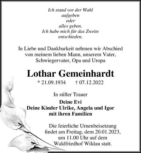 Traueranzeigen Von Lothar Gemeinhardt Trauer Anzeigende