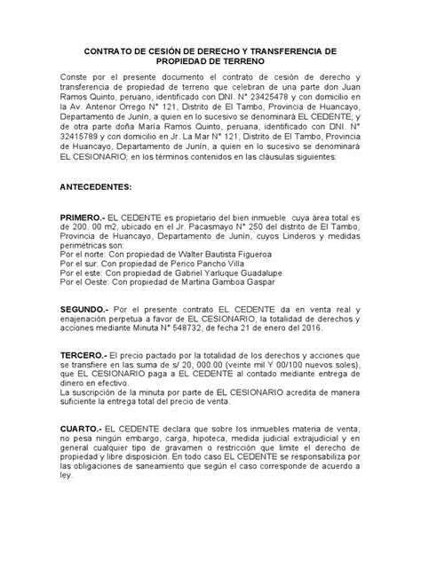 Concontrato De Cesión De Derecho Y Transferencia De Propiedad De