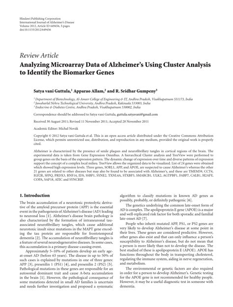 Pdf Analyzing Microarray Data Of Alzheimers Using Cluster Analysis