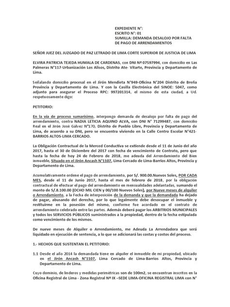 Demanda De Desalojo Pdf Derecho Contractual Justicia