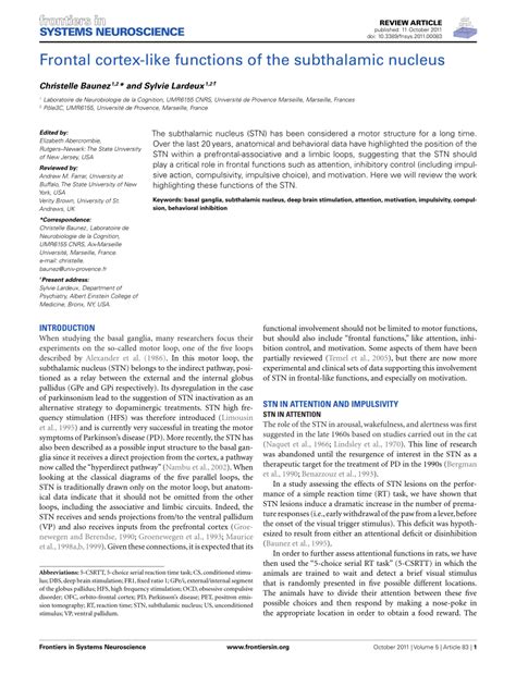 Pdf Frontal Cortex Like Functions Of The Subthalamic Nucleus