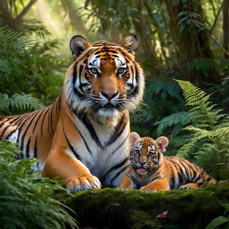 Sunlit Play Mother Indochinese Tiger And Cubs Frolic In The Rainforest