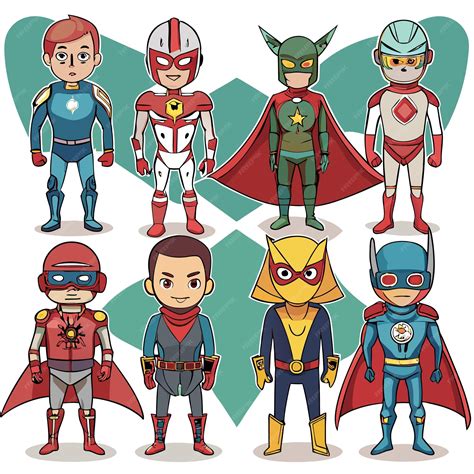 Eight Cartoon Superheroes With Different Costumes And Powers Premium
