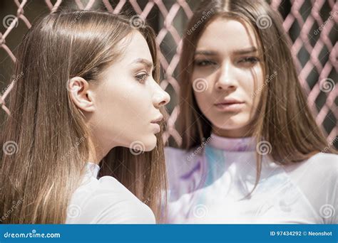 Twins Female Models Posing Outdoor Stock Photo Image Of Modern Diverse