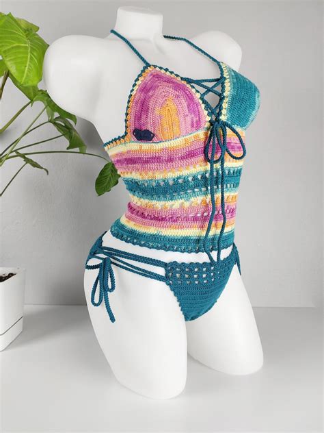 2 Piece Crochet Swim Set Crochet Halter Top And Brazilian Bottom Etsy