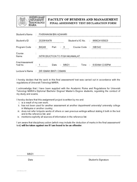 Final Assessment Declaration Form For Introduction To Fiqh Muamalat Course Pdf