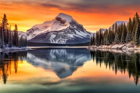 Premium Ai Image Peaceful Colorful Sunrise With Dominant Mountain