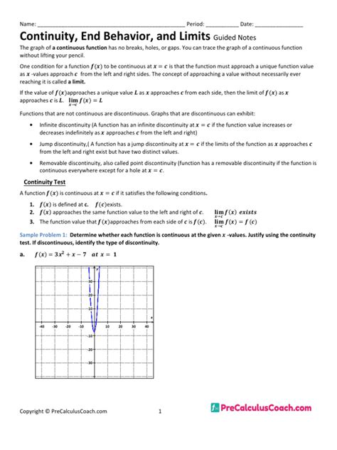 1 3 Guided Notes Se Continuity End Behavior And Limits Pdf