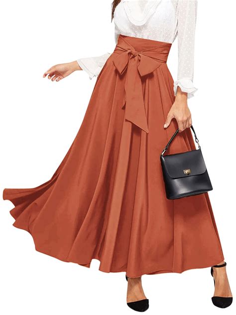 Nlife Women High Waist Maxi Skirt Tie Front A Line Pleated Flowy