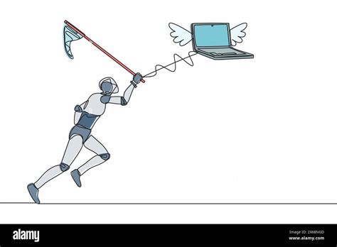 Continuous One Line Drawing Robot Try To Catching Flying Laptop With Butterfly Net System Data