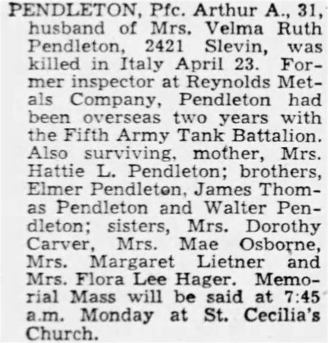 Pfc Arthur A Pendleton 1913 1945 Find A Grave Memorial
