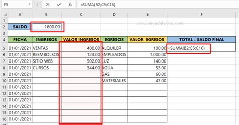 Cálcular Ingresos Y Egresos En Excel Download Ninja Del Excel