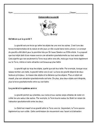 Understanding Gravity Reading Comprehension French By Lesson Plans With Purpose