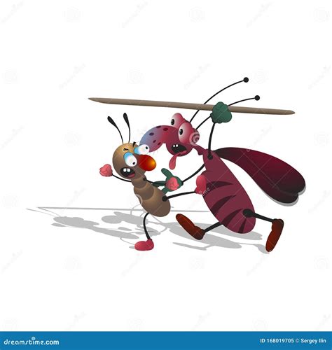 Cartoon Thin Striped Cockroach Armed With A Toothpick Fights With An