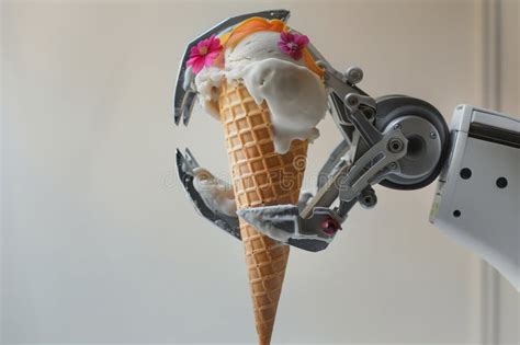 Automation Claw With A Vegan Ice Cream On A Glutenfree Cone Stock