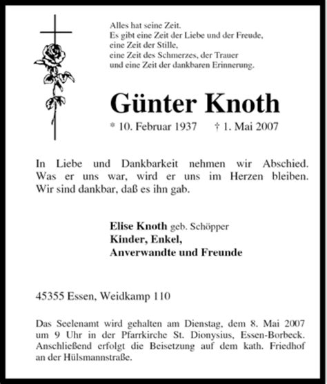 Traueranzeigen Von Günter Knoth Trauer In Nrw De
