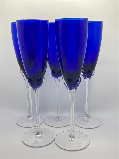 Vintage Style Hand Blown Wine Glass Set Murano Art Glass Cobalt Blue