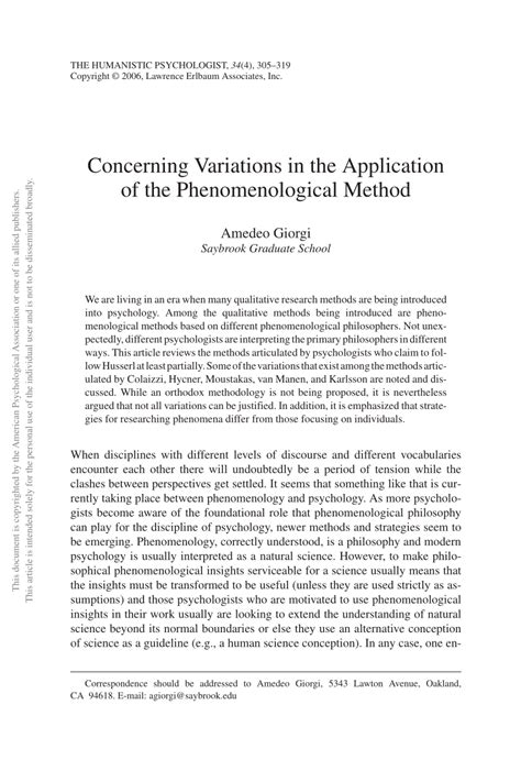 Concerning Variations In The Application Of The Phenomenological Method Request Pdf