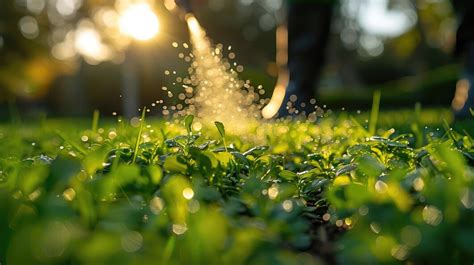 Person Spraying Water On Green Grass Lawn In Sunny Day Gardener
