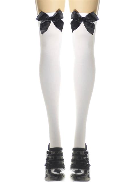 White Thigh High Stockings With Black Bows