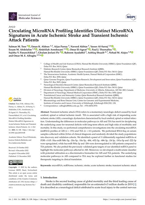 Pdf Circulating Microrna Profiling Identifies Distinct Microrna Signatures In Acute Ischemic
