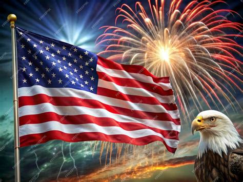 An American Flag With A Eagle And Fireworks In The Background Premium