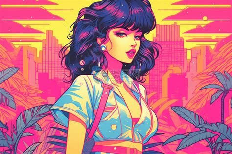 夏季蒸汽波主题的动画女孩插画图片下载 正版图片600363516 摄图网