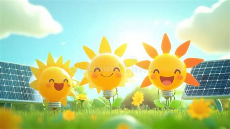 Solar Panels With Cute Smiling Sun Characters Alternative Energy Concept Stock Illustration