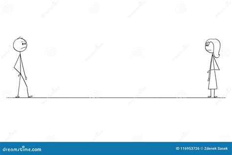 Cartoon Of Man And Woman Looking At Each Other From Distance Stock