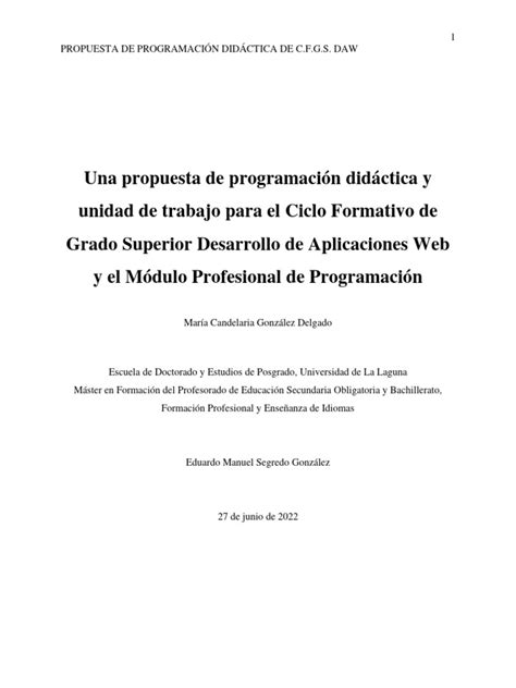 Una Propuesta De Programacion Didactica Y Unidad De Trabajo Para El Ciclo Formativo De Grado