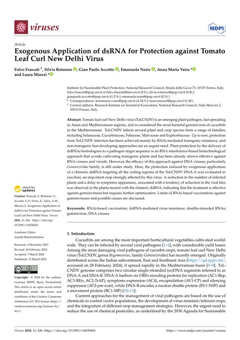 Pdf Exogenous Application Of Dsrna For Protection Against Tomato Leaf