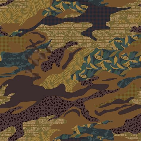 Hawaiian Tropical Camouflage Patchwork Seamless Pattern With Hand Drawn