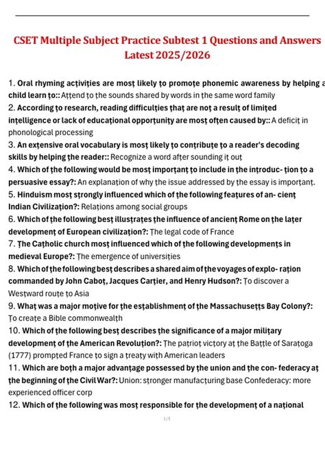 Cset Multiple Subjects Practice Subtest I Questions And Answers