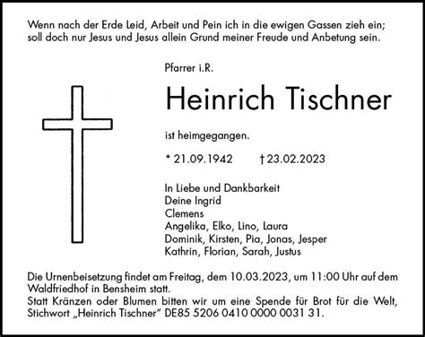 Traueranzeigen Von Heinrich Tischner Vrm Trauer De