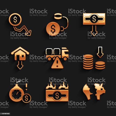 Set Stop Delivery Cargo Truck Burning Dollar Bill Broken Piggy Bank