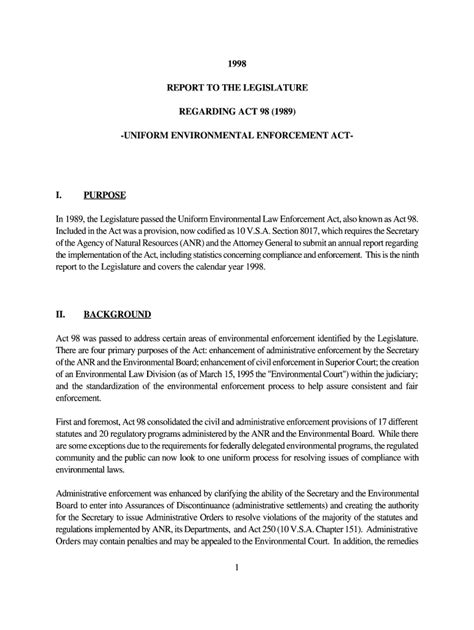 1998 Report To The Legislature Regarding Act 98 1989 Uniform