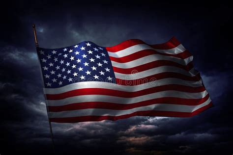 American Flag Waving Dramatically In The Wind Against A Dark And Stormy