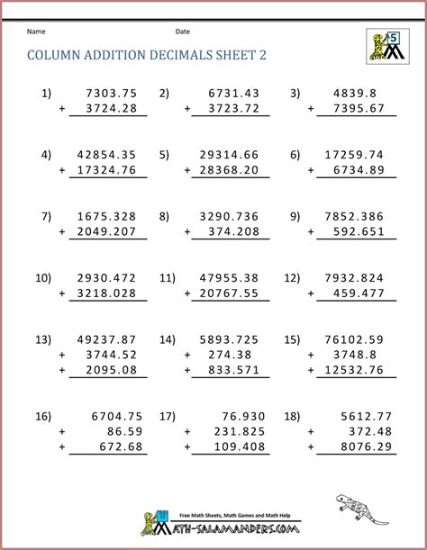 Adding Decimals Worksheet 6th Grade Printable And Enjoyable Learning