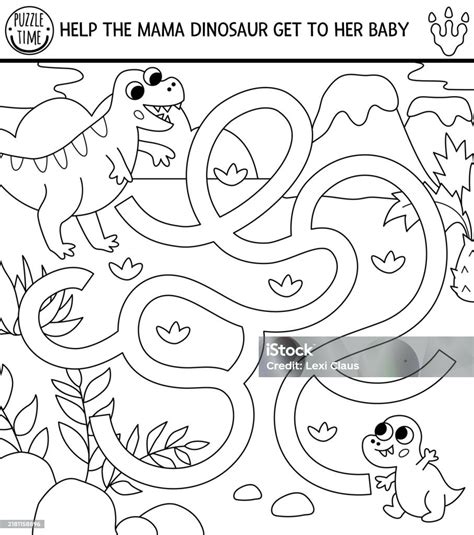 흑인과 백인 공룡 미로 고대 세계 풍경을 가진 아이들 정사각형 선사 시대 선 인쇄 가능한 활동 공룡 땅 미로 게임 퍼즐 색칠 공부 페이지 티라노사우루스가 아기에게 갈 수