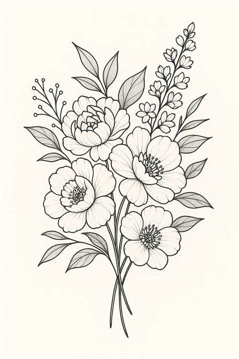 Tattoo Sketch Style Flower Bouquet Coloring Pages Flower Drawing