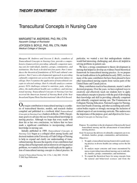 Transcultural Concepts In Nursing Care Theory Department Pdf