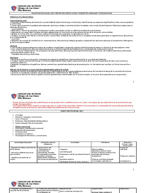 Planificación Anual Lenguaje Y Comunicación Tercero Básico Pdf